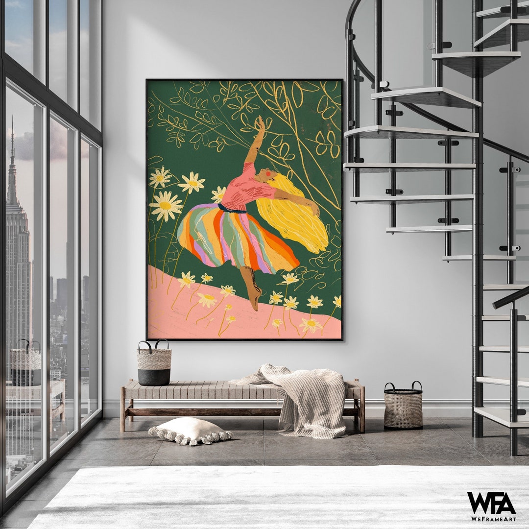 Rainbow Dancer Floral Girls Bedroom Wall Art, Dancing Illustration Wall ...