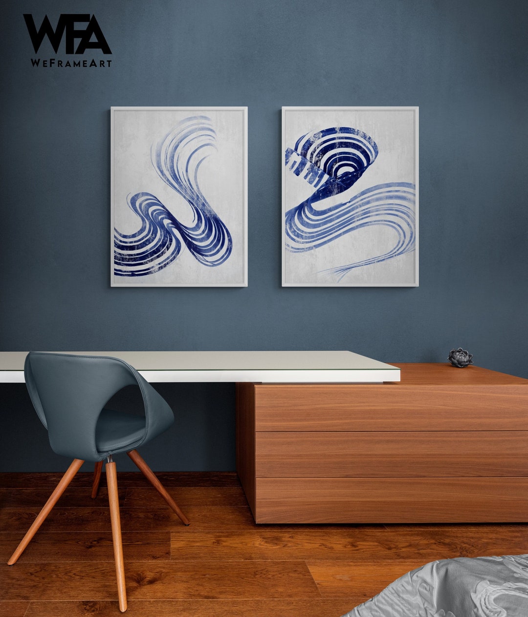 Set of 2 Dark Blue Prints, Blue Swirls Prints, Framed Blue Curves ...