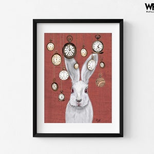 Rabbit Time, Framed White Bunny Poster, Clock Wall Decor, Rabbit Poster ...