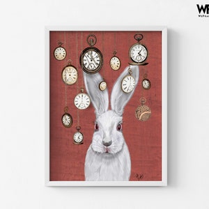 Rabbit Time, Framed White Bunny Poster, Clock Wall Decor, Rabbit Poster ...