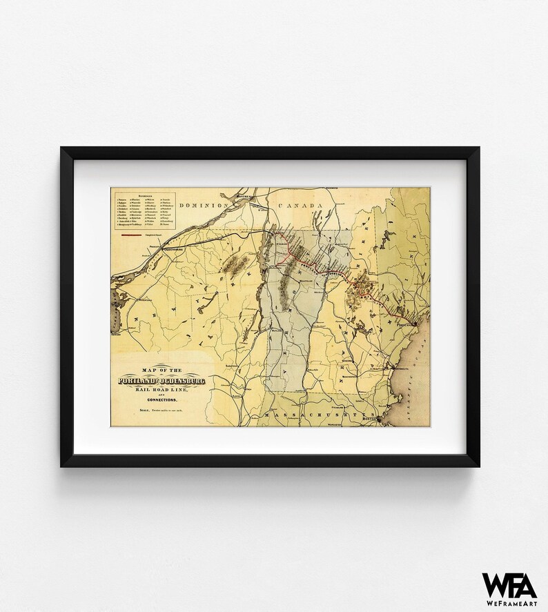 Portland and Ogdensburg Railroad Map Art Print, Vintage Rail Road 1850 ...