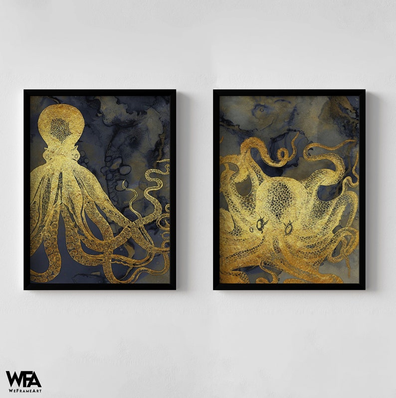 Set of 2 Octopuses Wall Art Prints Framed Gold Octopus Wall - Etsy