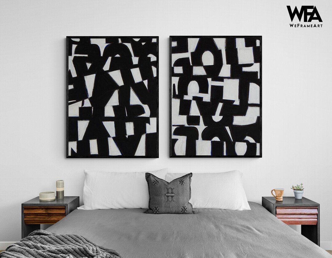 Black and White Extra Large Wall Art Abstract Prints, Set of 2 Dark ...