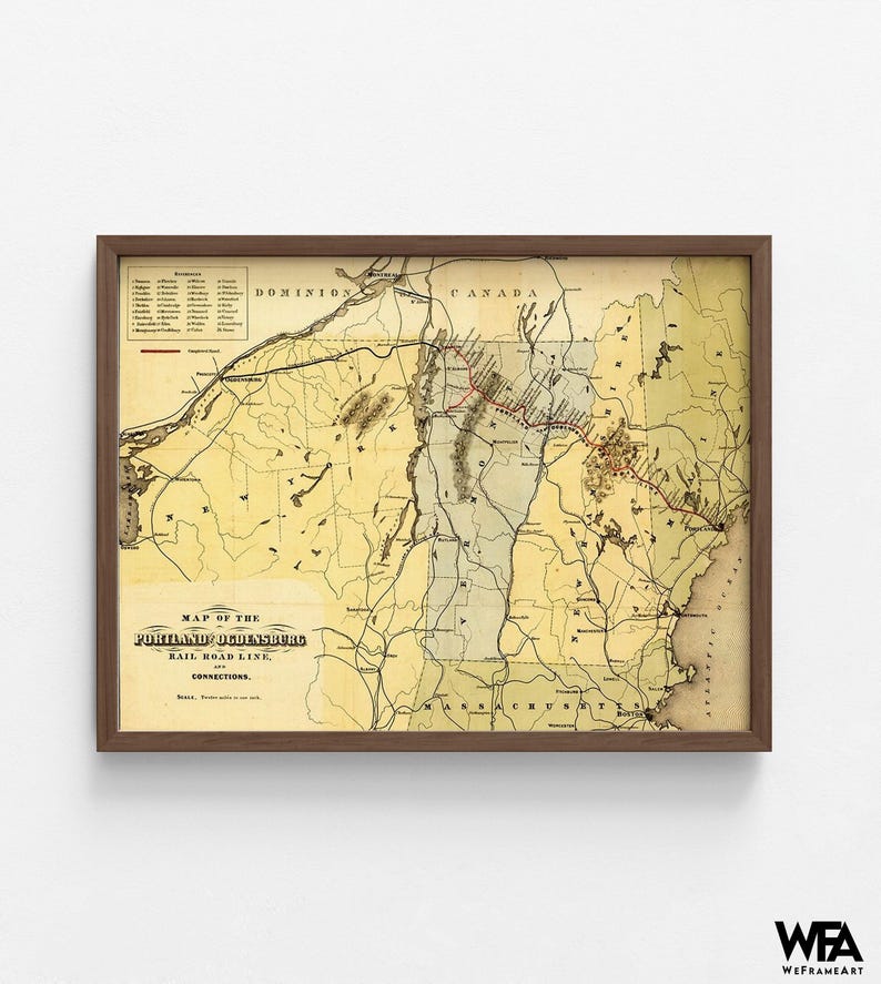 Portland and Ogdensburg Railroad Map Art Print, Vintage Rail Road 1850 ...