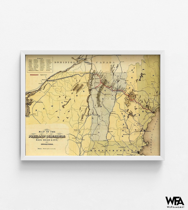 Portland and Ogdensburg Railroad Map Art Print, Vintage Rail Road 1850 ...
