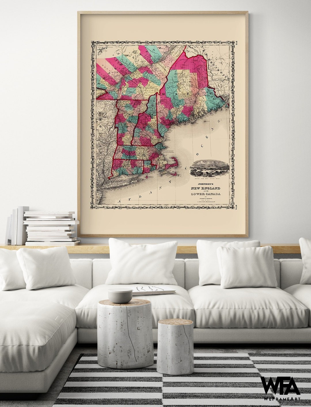 North America New England Canada United States, Colorful Antique Map of ...