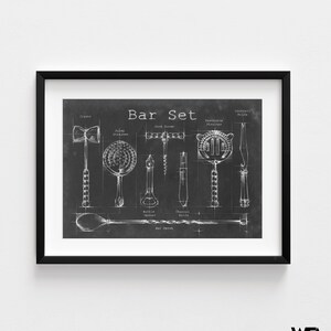 Bar Set Drawing Print, Framed Bar Decor, Minimal Cocktail Art, Cocktail ...