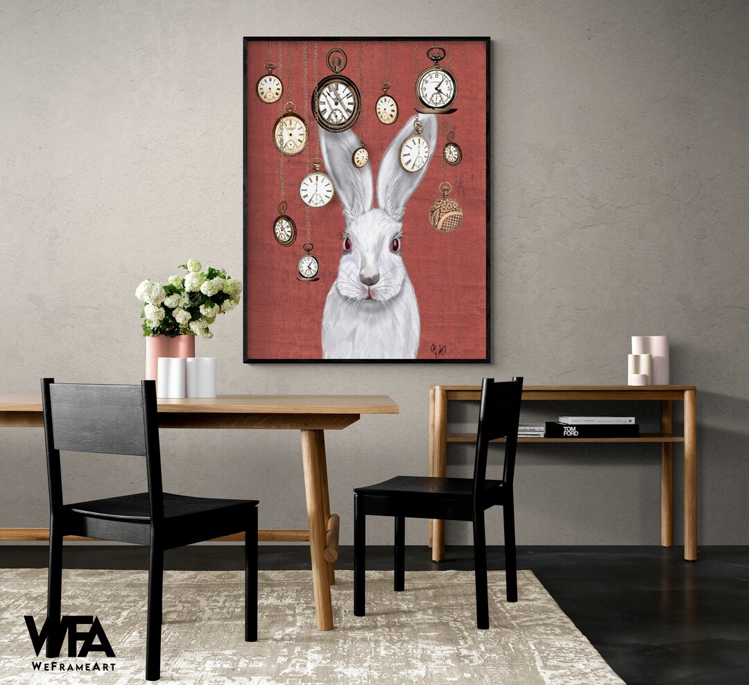Rabbit Time, Framed White Bunny Poster, Clock Wall Decor, Rabbit Poster ...