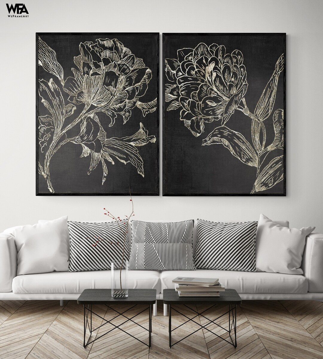 Set of 2 Golden Flowers Prints, Framed Floral Wall Decor, Golden ...