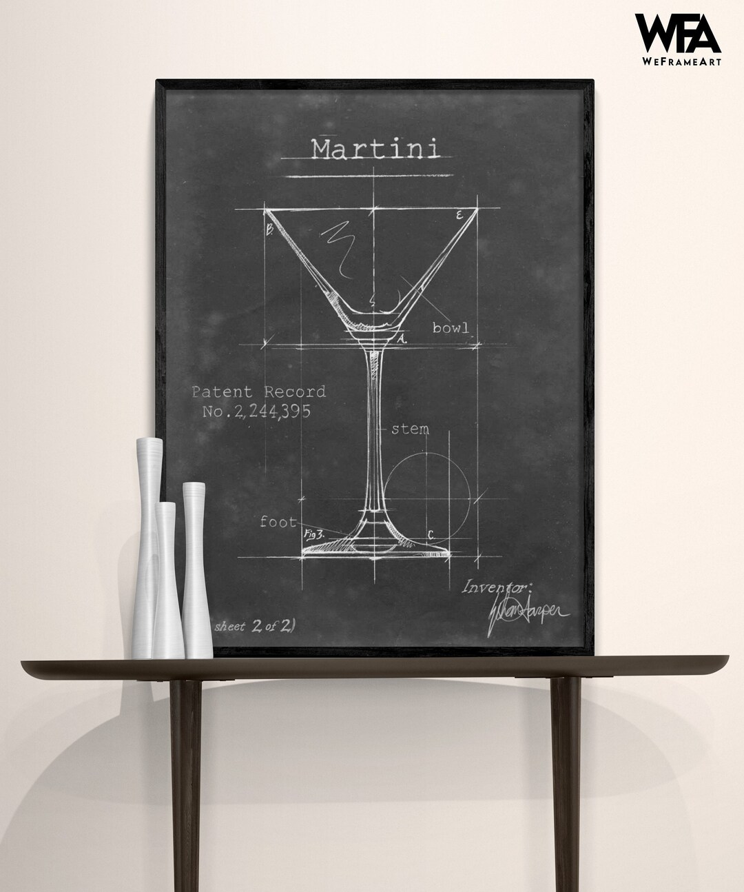 Vintage Martini Glass Blueprint Decor, Cocktail Blueprint Wall Art ...