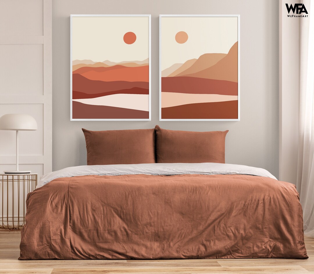 Set of 2 Sunset and Sunrise Landscape Painting Print, Framed Nature ...