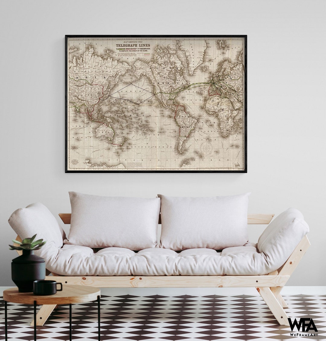 World Telegraph Lines Map, Antique Telegraph Print, World Map Poster ...