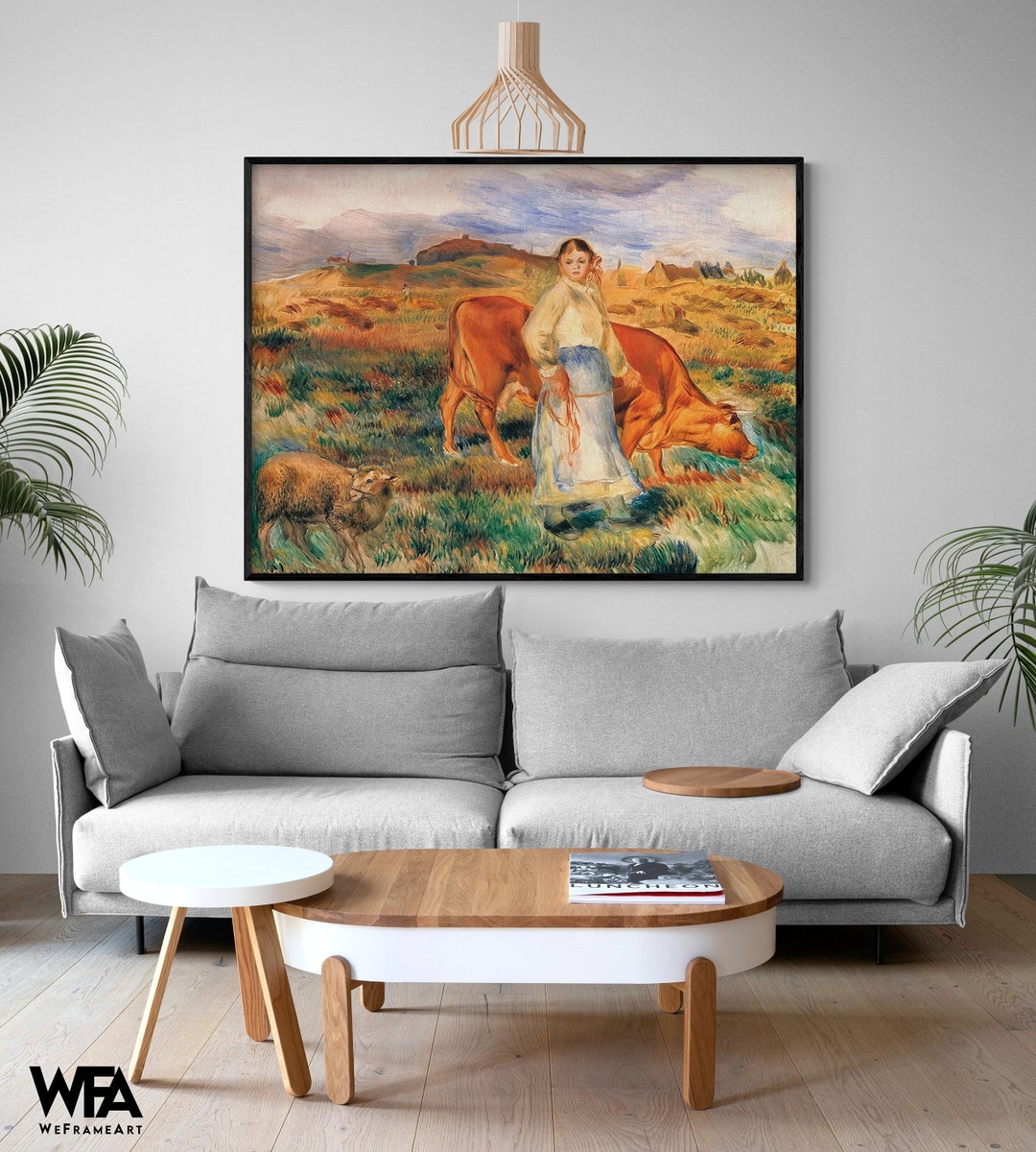 Renoir Farm Art Print, Vintage Shepherdess With Cow & Sheep, Rustic ...