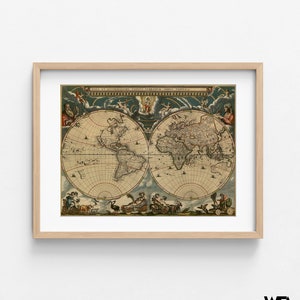 World Map, Antique World Map Poster, Colorful Home Office Decor, Earth ...