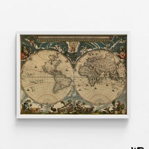 World Map, Antique World Map Poster, Colorful Home Office Decor, Earth ...