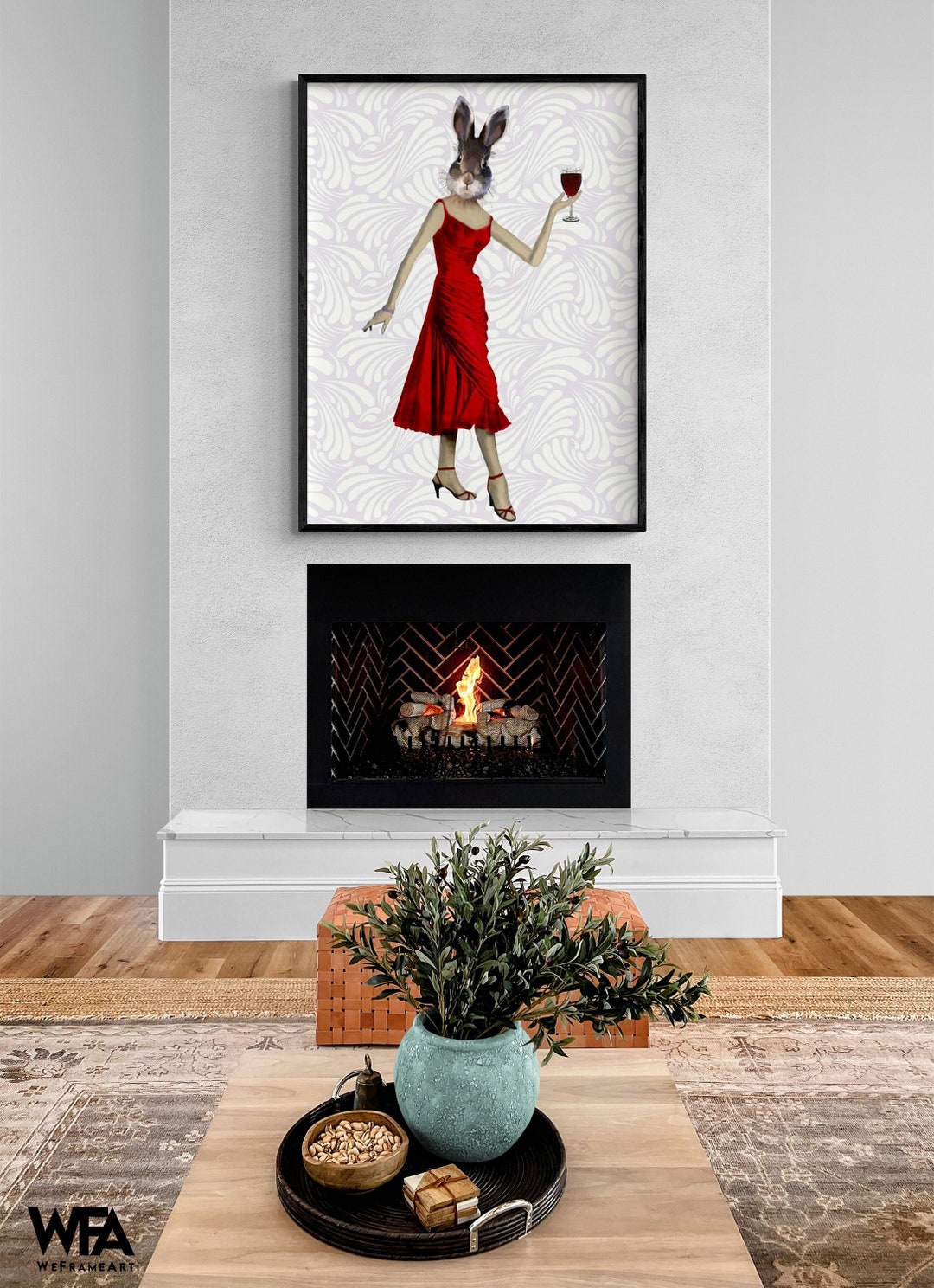 Rabbit in Red Dress, Magazine Office Waiting Room Decor, Framed Wine ...