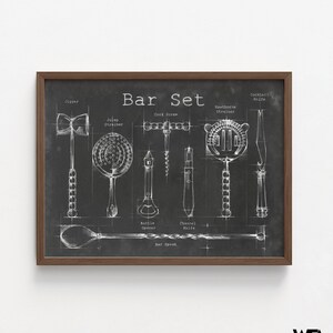 Bar Set Drawing Print, Framed Bar Decor, Minimal Cocktail Art, Cocktail ...