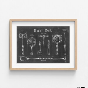 Bar Set Drawing Print, Framed Bar Decor, Minimal Cocktail Art, Cocktail ...