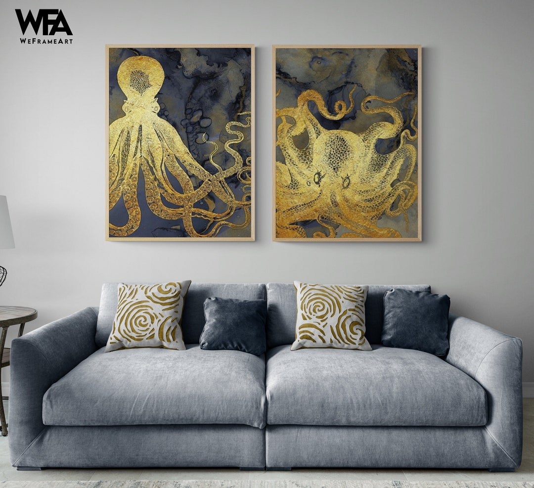 Set of 2 Octopuses Wall Art Prints, Framed Gold Octopus Wall Decor ...
