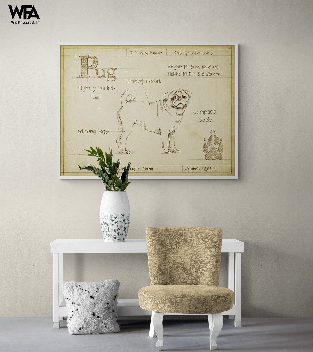 Pug Wall Print, Framed Small Dog Art, Cute Pug Art, Vintage Dog Poster ...