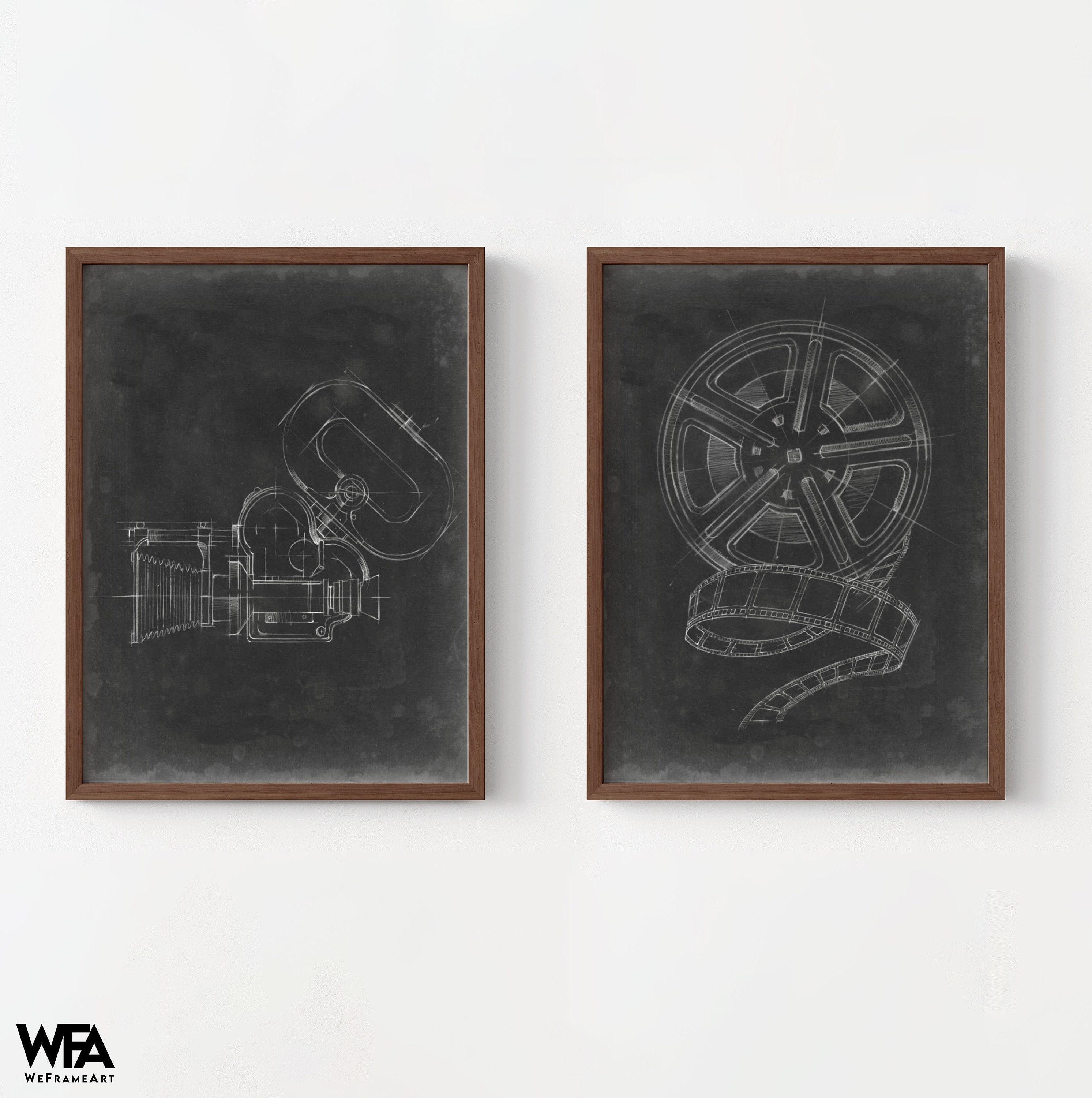 Camera and Film Reel Blueprint Art Prints, Movie Lover Gift, Set of 2 ...