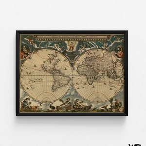 World Map, Antique World Map Poster, Colorful Home Office Decor, Earth ...