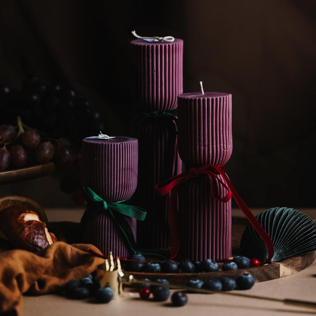 Tall Ribbed Pillar Candles - Purple Room Decor, Christmas Table Decor ...