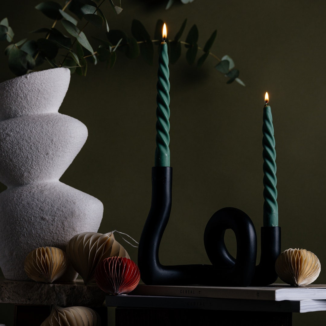 Spiral Christmas Pillar Candle - Deep Green Spiral, Red Taper Candle ...