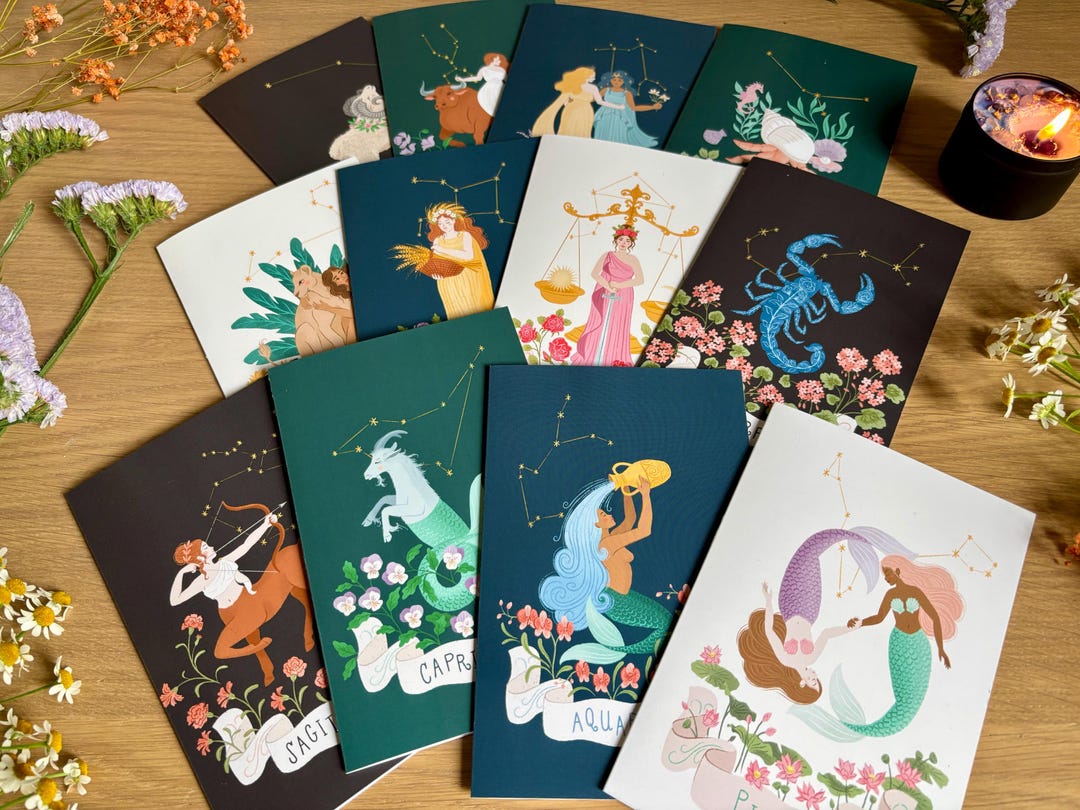 Illustrated Zodiac Signs Birthday Cards With Birth Flowers 12 Pack - Etsy