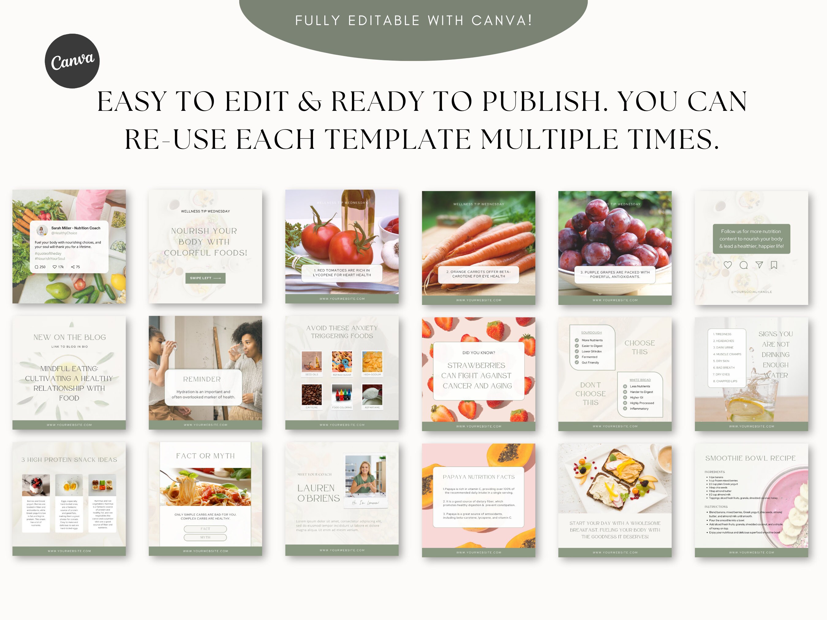 NUTRITION / WELLNESS - 225 Canva Social Media Templates | Health Coach ...