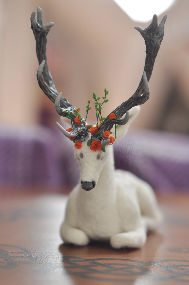 White Deer Stag Spirit Sculpture, Felted Medium Figurine Decoration ...