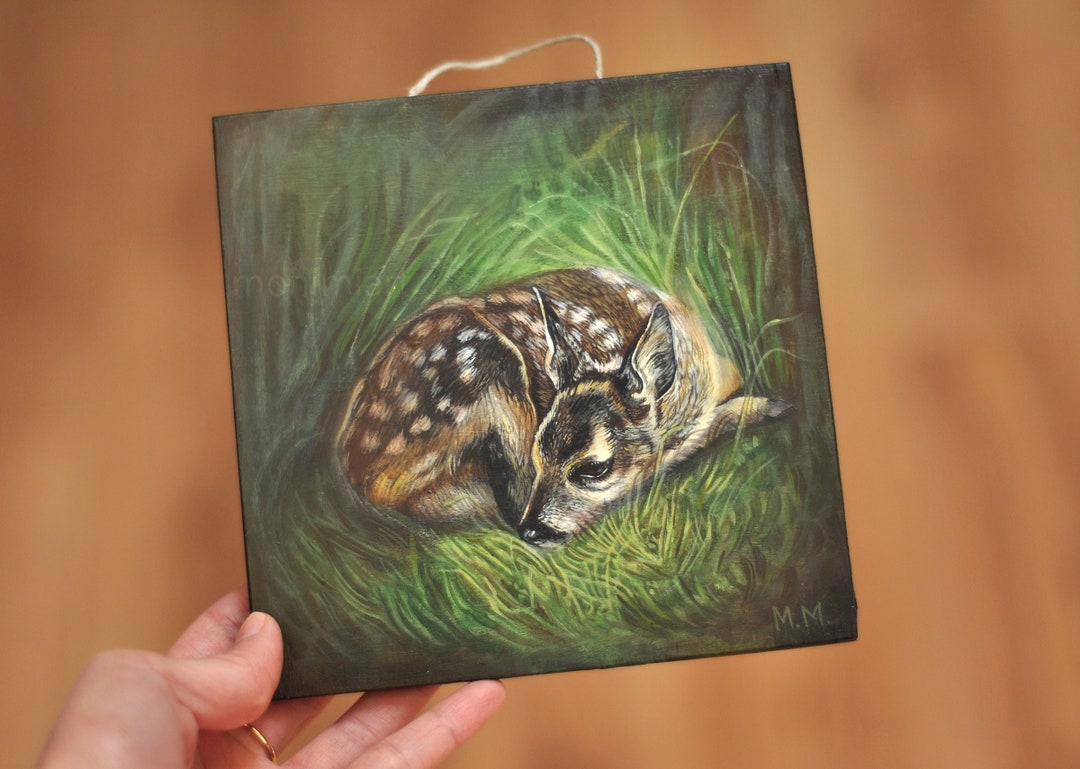 Original Painting of a Sleeping Fawn, Baby Roe Deer, Square Art ...