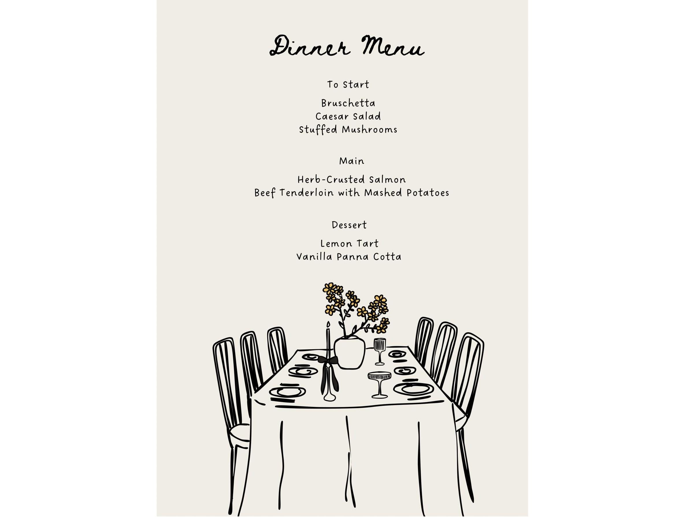 Editable Hand Drawn Dinner Menu Template, Tablescape, Neutral French ...
