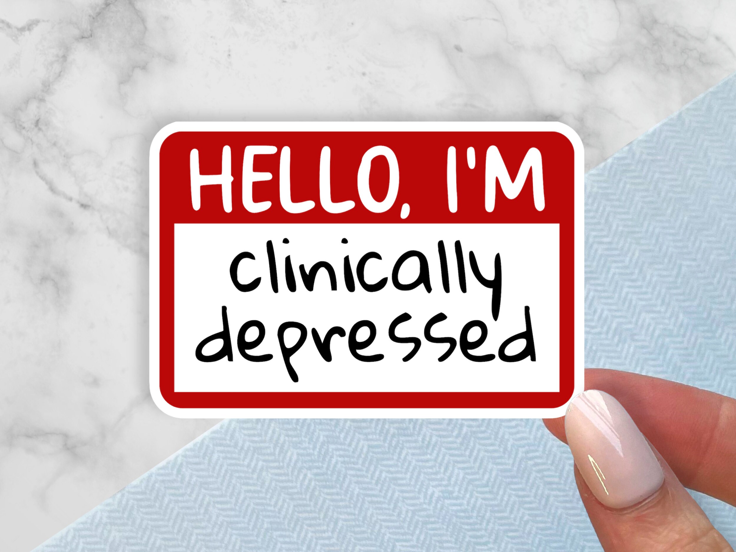 Funny Name Badge Sticker Clinically Depressed Decal Hello I'm Sticker ...