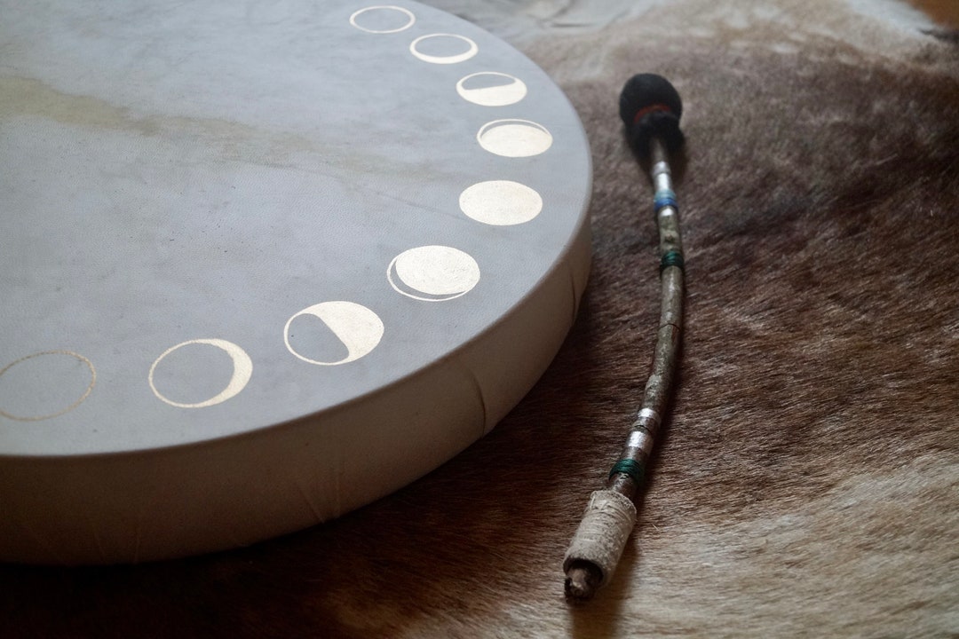 Moon Phases Drum Natural White, Premium Raw Hide Drum, Golden Moon Drum Light, Goddess Symbol ...