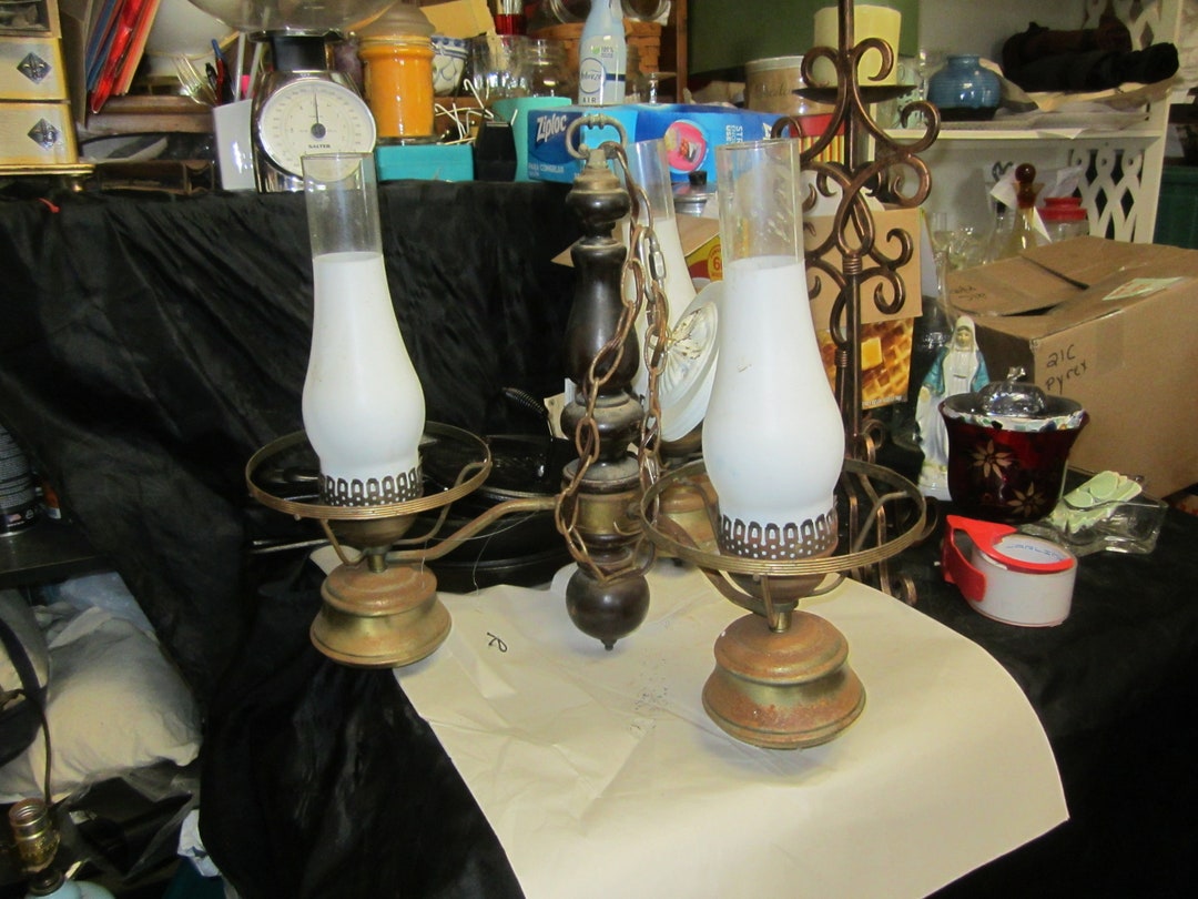 Vtg Bunkhouse/lodge Style Light Fixture, Brass, Wood, Hurricane Lamps ...