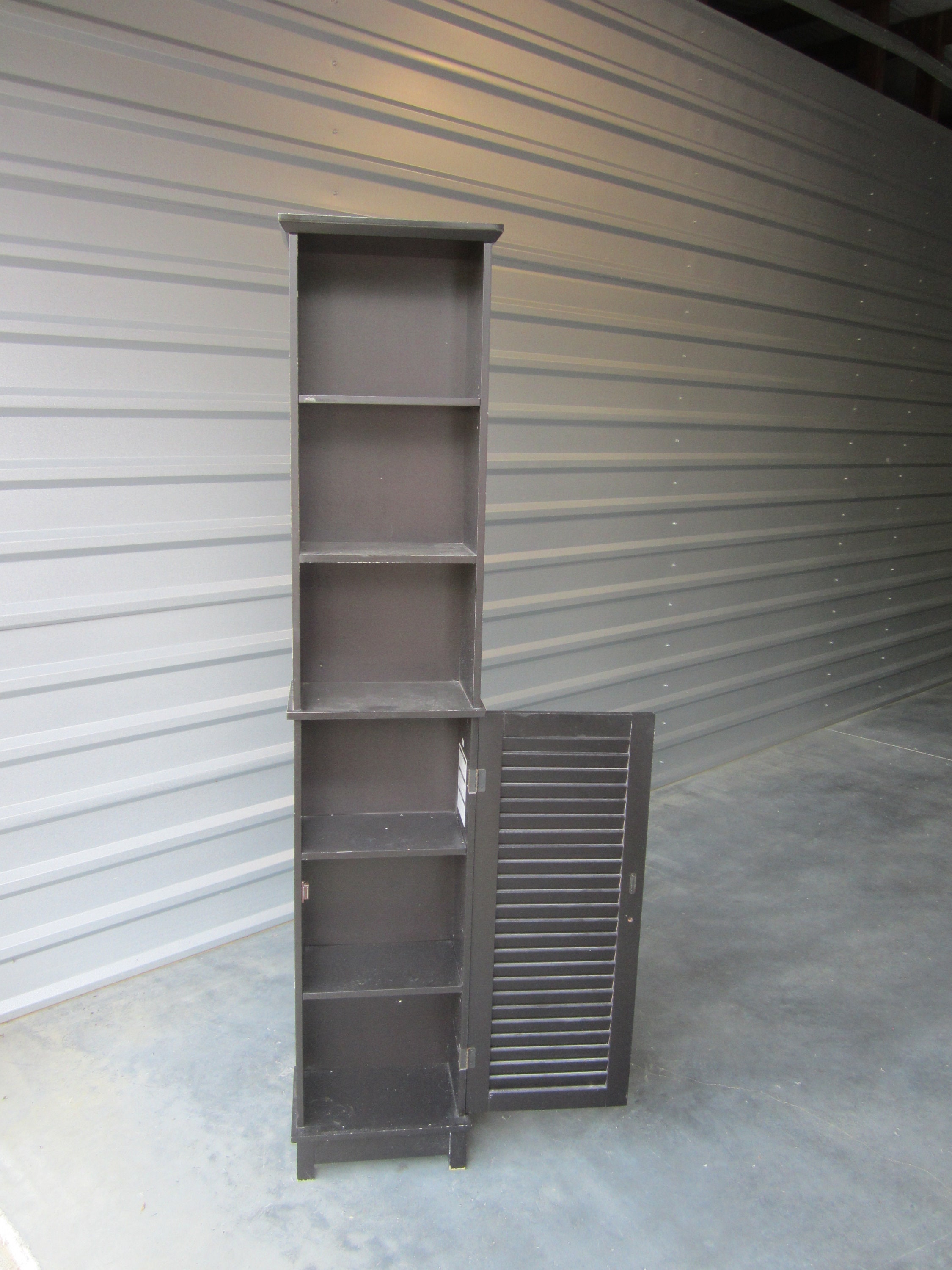 Tower Shelf Cabinet, Black, Louvered Door, Open Top Shelves, PICK up ...