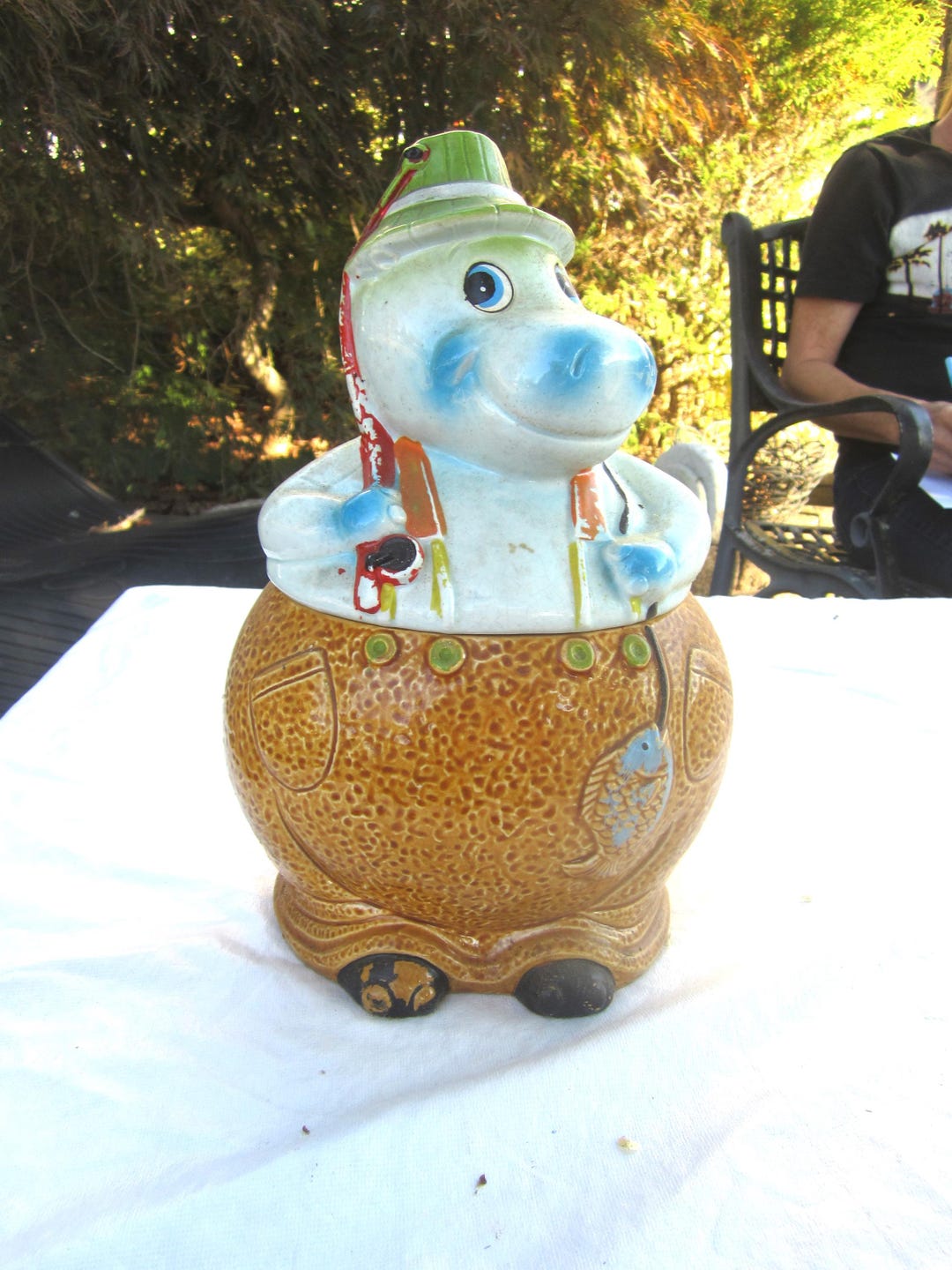 Very Rare Vtg Ceramic Cookie Jar, Hippo in Fishing Gear - Etsy