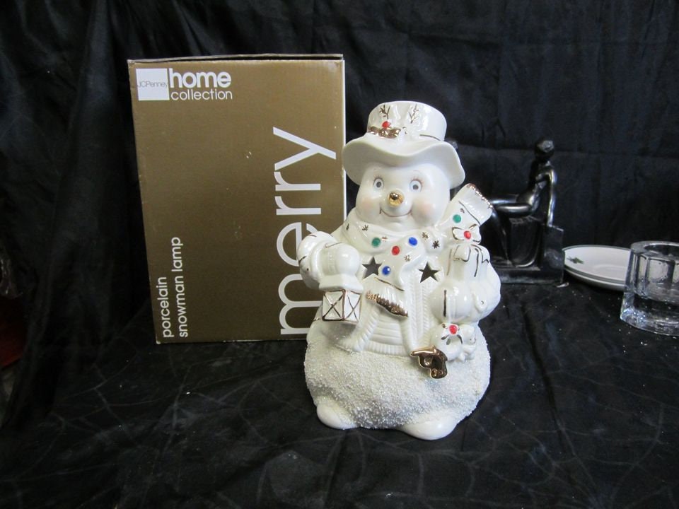 Vtg 90's JC PENNEY Home Collection Porcelain Snowman Lamp, Cream W/gold ...
