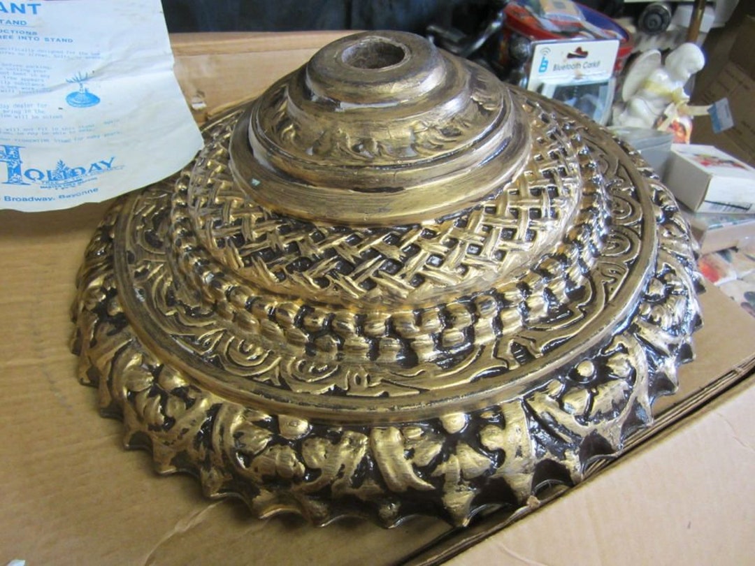 Vtg Weighted Artificial Tree Stand, Gold & Black Lattice Decorative ...