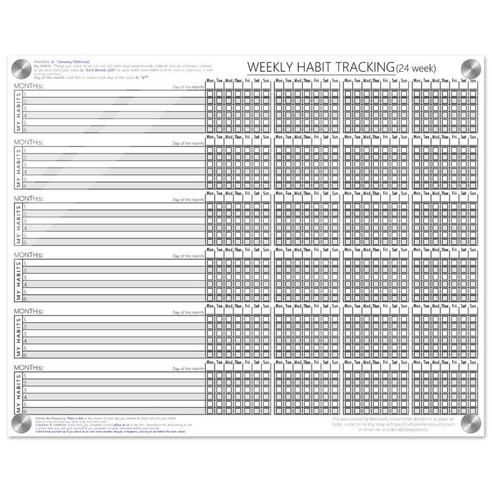 Weekly Habit Chart Dry Erase (black & White) - Acrylic Wall Mounted 24 ...