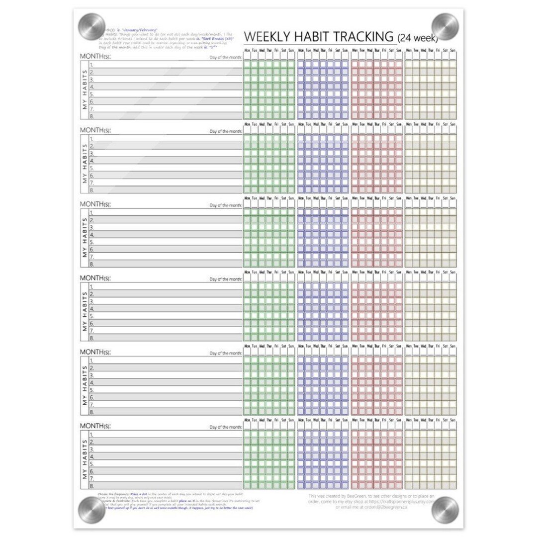 Weekly Habit Chart Dry Erase (colour) - Acrylic Wall Mounted 24 Week ...