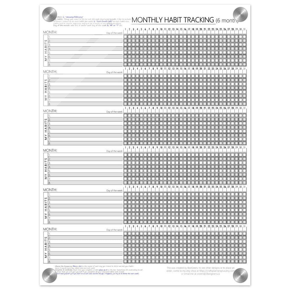 Monthly Habit Chart Dry Erase (portrait) - Acrylic 6 Month Habit ...
