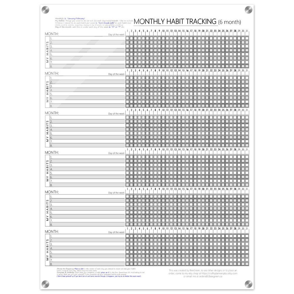 Monthly Habit Chart Dry Erase (portrait) - Acrylic 6 Month Habit ...