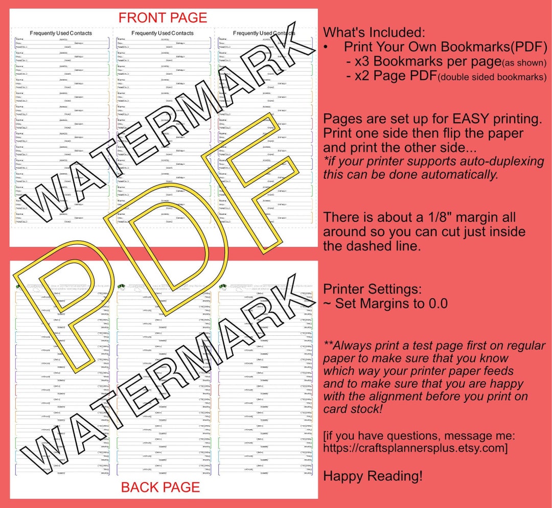 NEW~PDF Frequently Used Contact (phone Number) Bookmark - A Simple Way ...