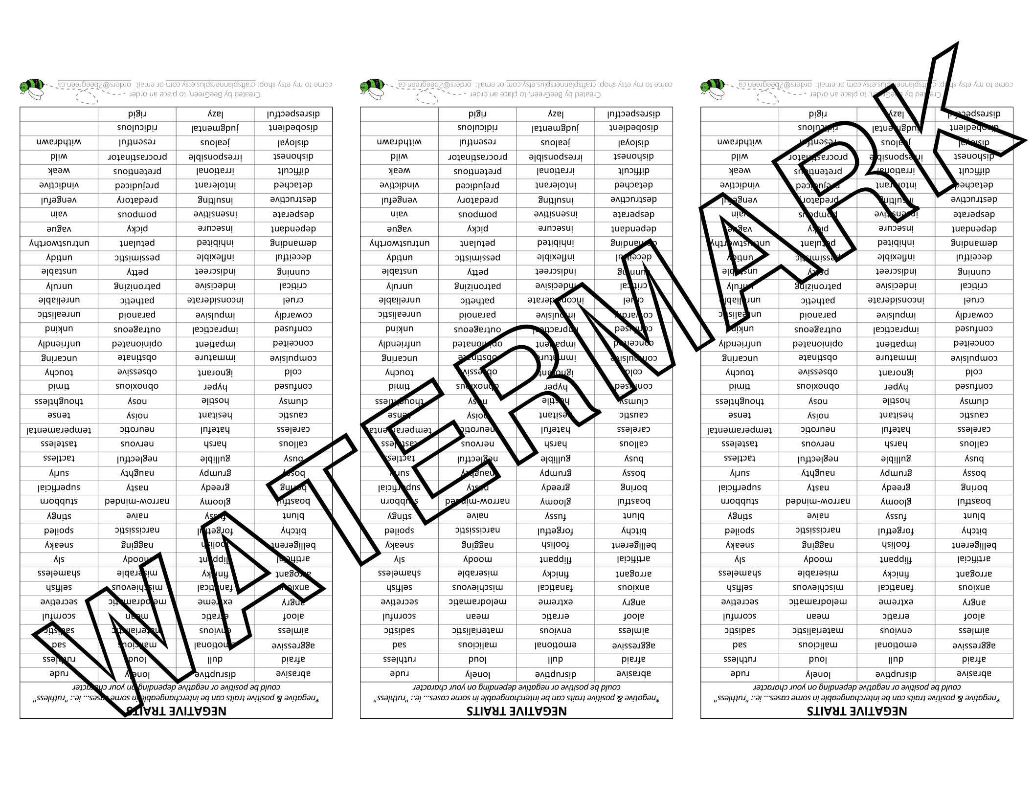 Character Traits Bookmark – Writer's Reference Sheet (printable PDF) - Etsy