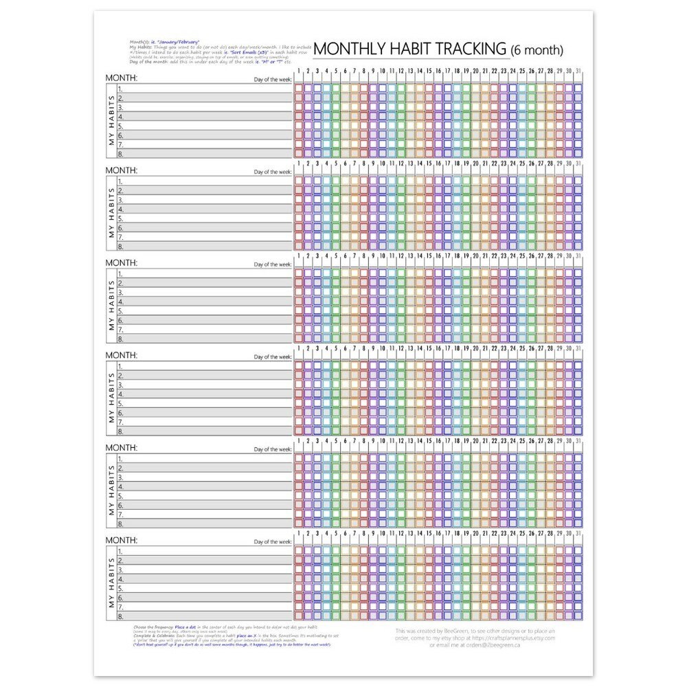 Monthly Habit Chart Poster rainbow Vert Reach Your Goals Faster, Hold ...