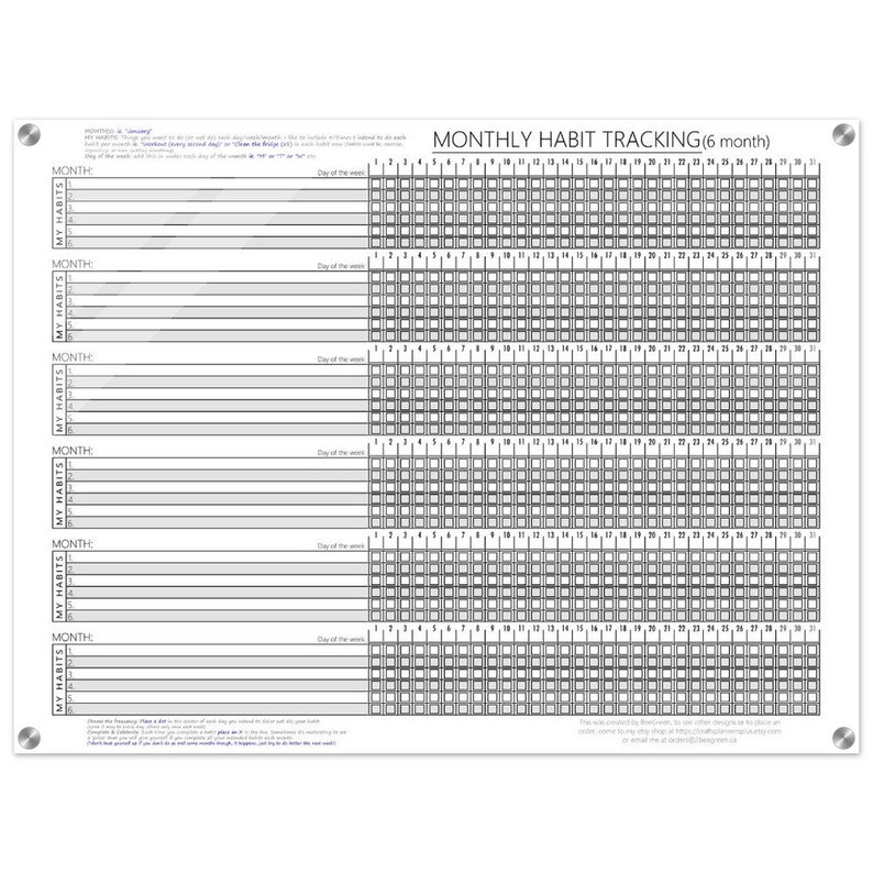 Monthly Habit Chart Dry Erase (landscape) - Acrylic 6 Month Habit ...