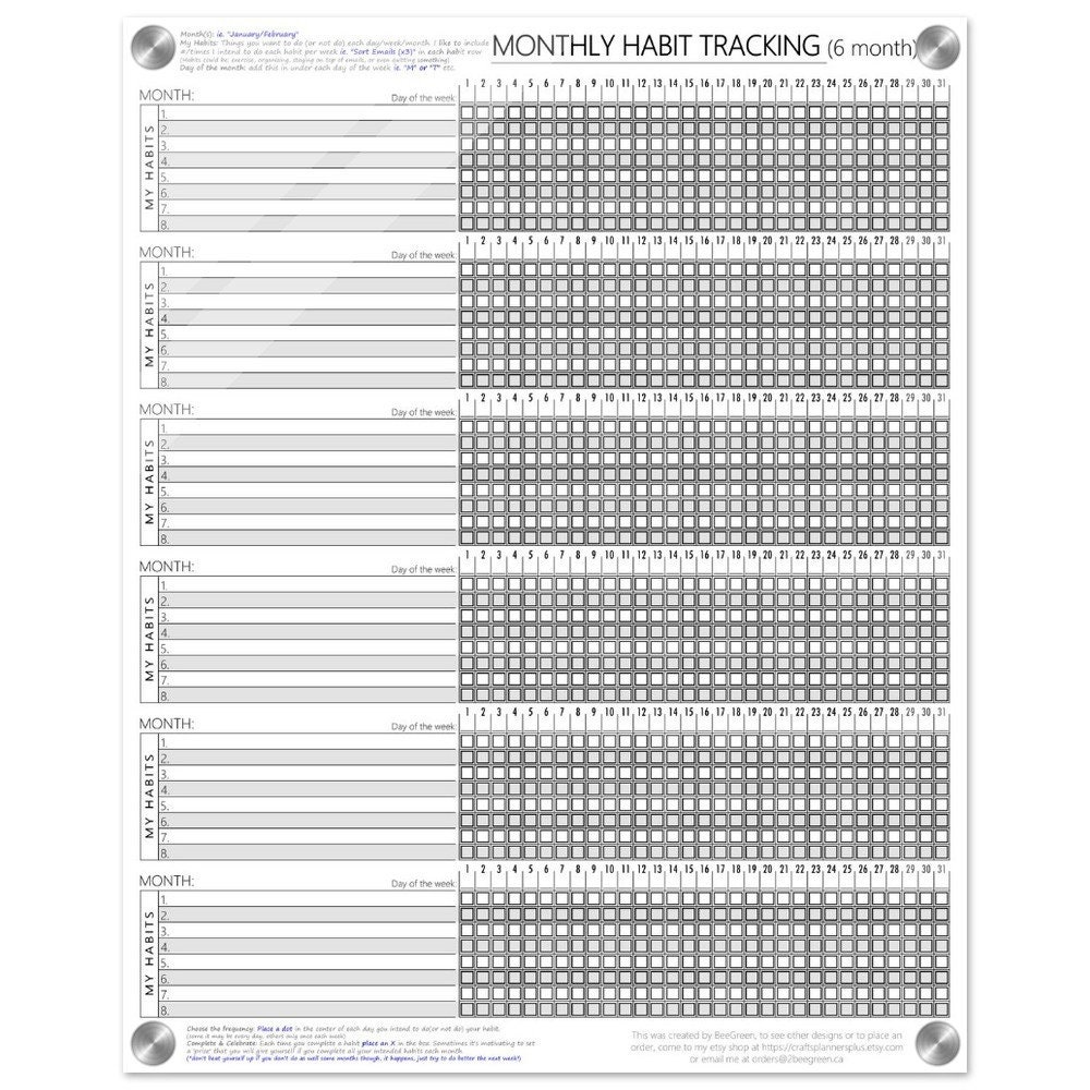 Monthly Habit Chart Dry Erase (portrait) - Acrylic 6 Month Habit ...