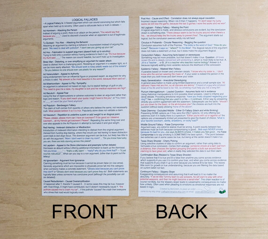 NEW~ Logical Fallacy Bookmark - Quick Reference - Debating, Arguments ...